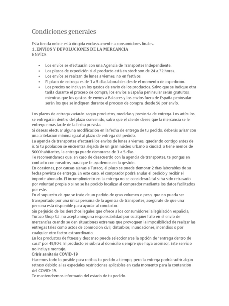 Condiciones Generales: 1. Envíos Y Devoluciones de La Mercancía | PDF | Transferencia bancaria ...