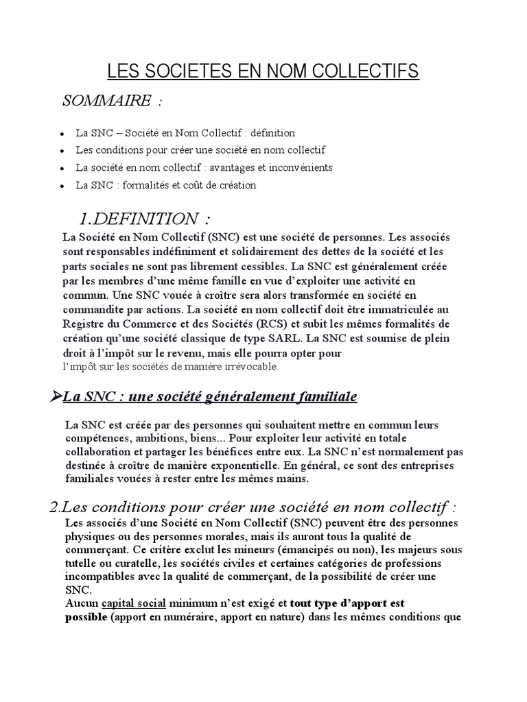 Comprendre la Société en Nom Collectif | PDF | Économie d'entreprise ...