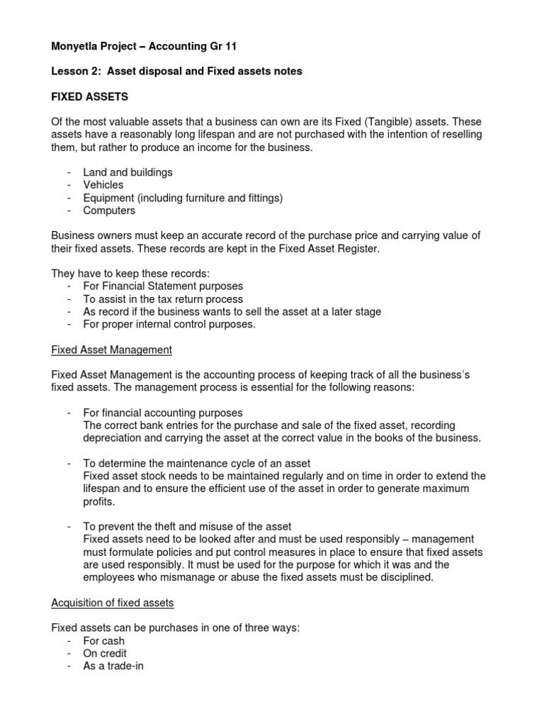 Accounting Lesson 2 Fixed Assets Notes Pdf Depreciation Debits