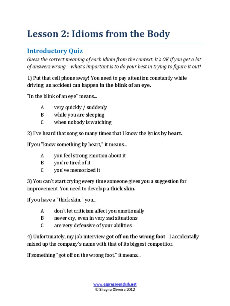 Lesson 02 - Idioms From The Body | PDF | Self-Improvement