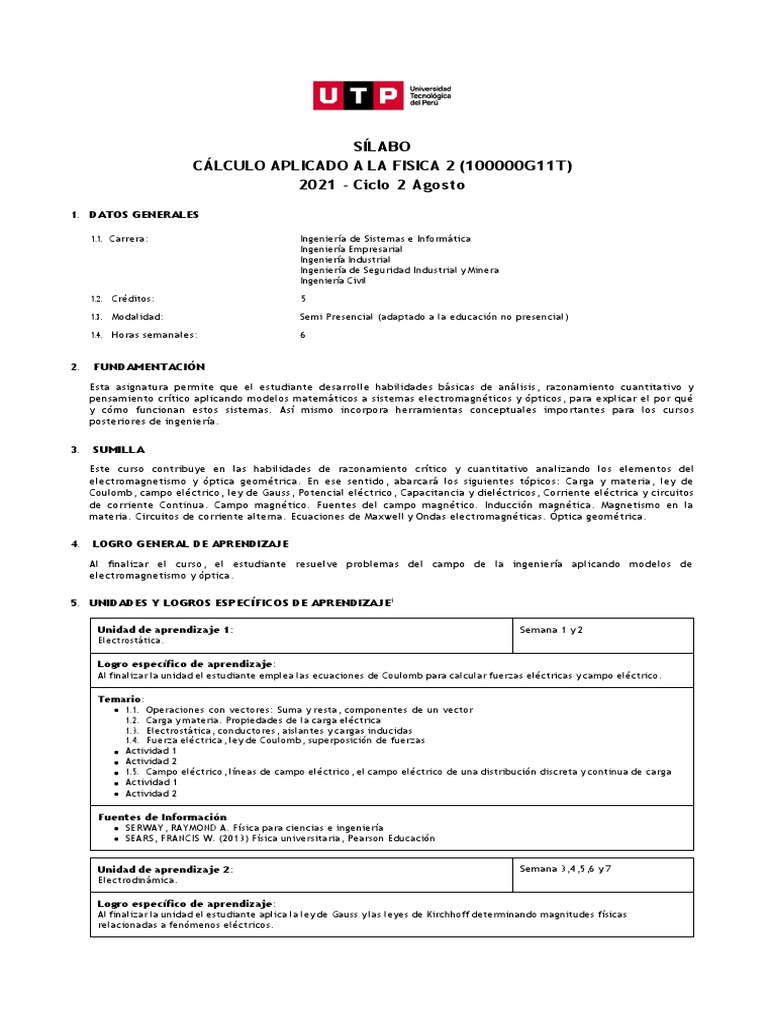 Silabo de Fisica Ii Utp | PDF | Electromagnetismo | Electricidad