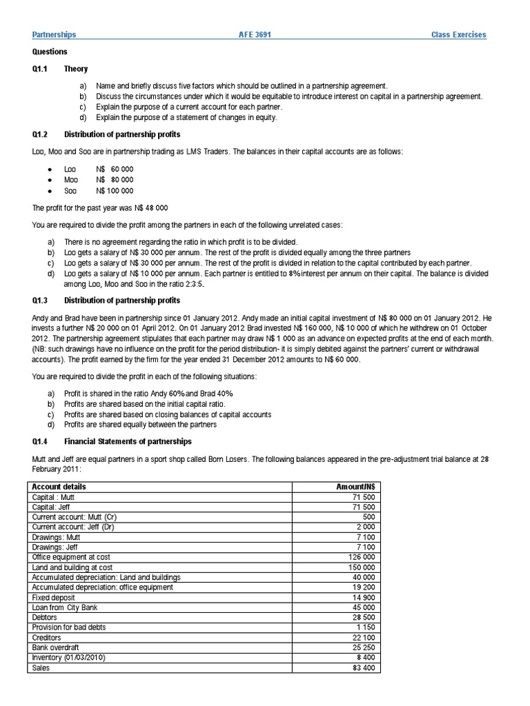 Partnership Class Exercises | PDF | Balance Sheet | Financial Services