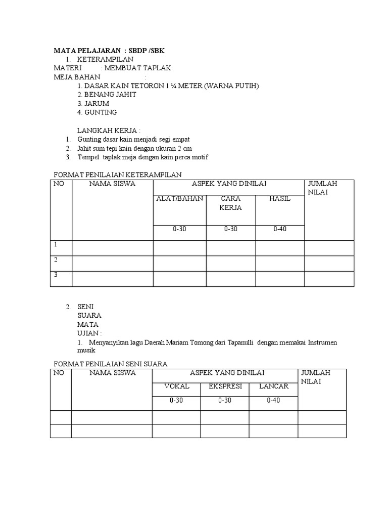 Ujian Praktek SBDP Kelas 6: Taplak Meja | PDF