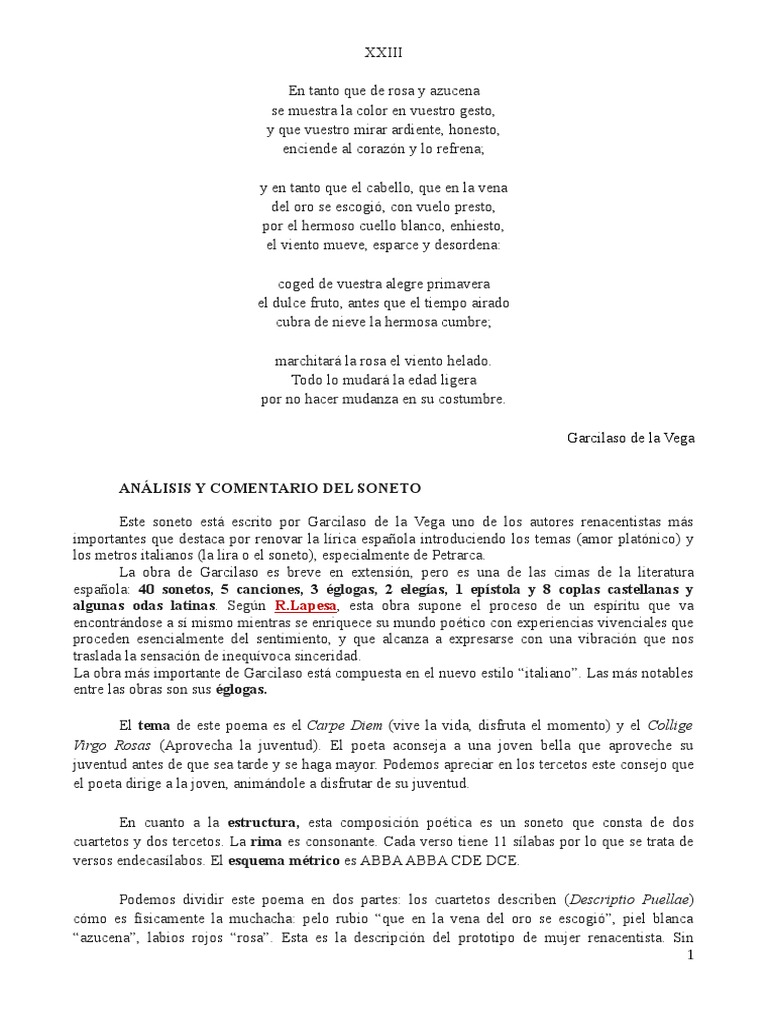 Soneto XXIII Garcilaso COMENTARIO COMPLETO 3 | PDF | Poesía | Sonetos