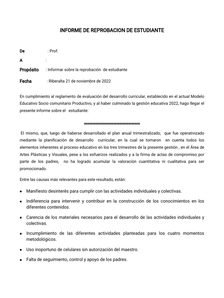 Modelo de Informe de Reprobacion Del Estudiante | PDF