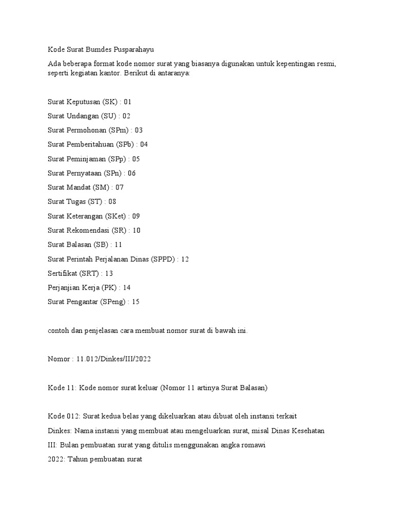 Kode Surat Bumdes Pusparahayu | PDF