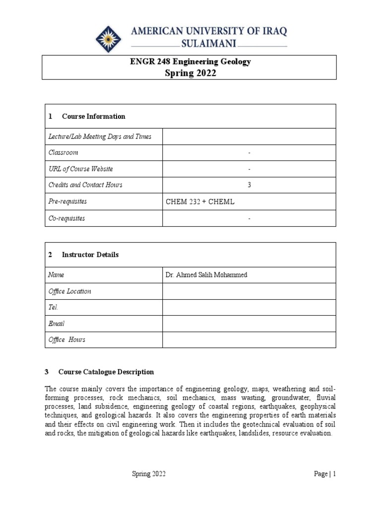 ENGR 248-Engineering Geology, S 2022 | PDF