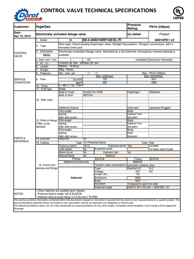Electrically Activated Deluge Valve Technical Specifications for IngeGas Project G0315PE1 v2 ...