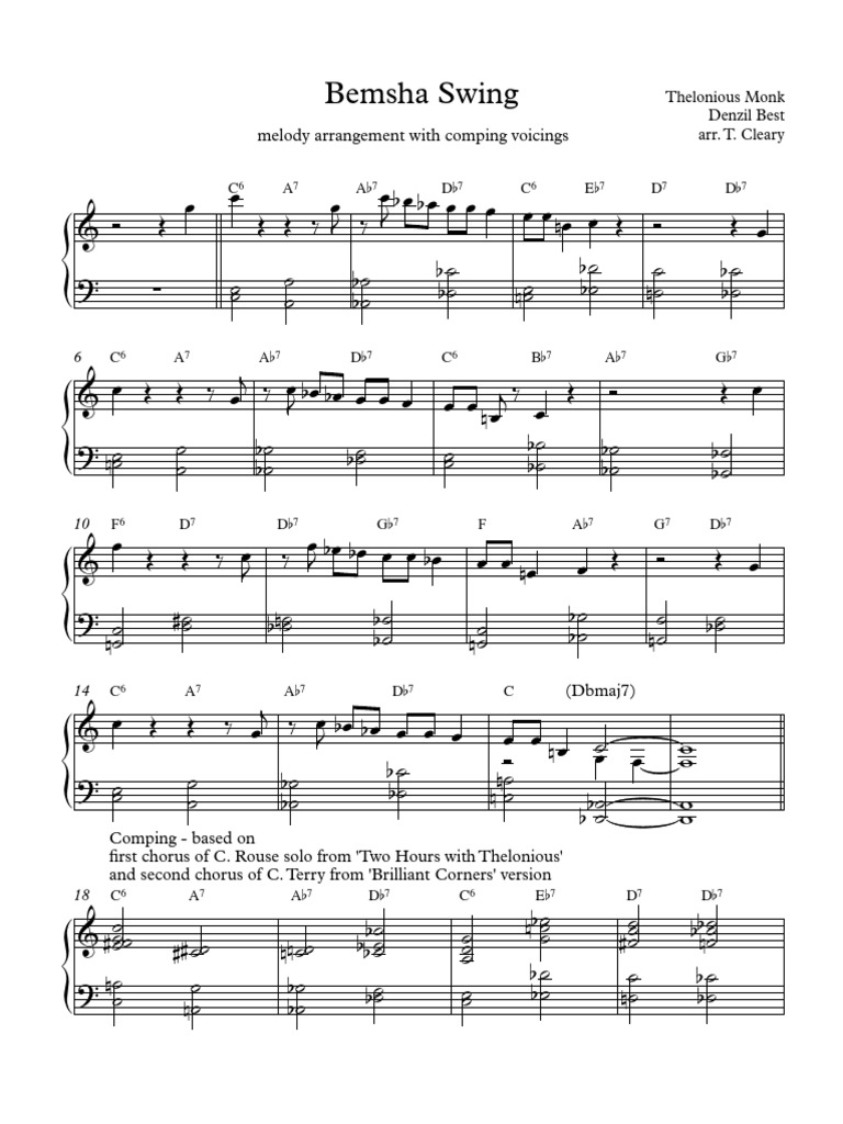 Bemsha Swing by Thelonious Monk (Arr. T. Cleary) | PDF