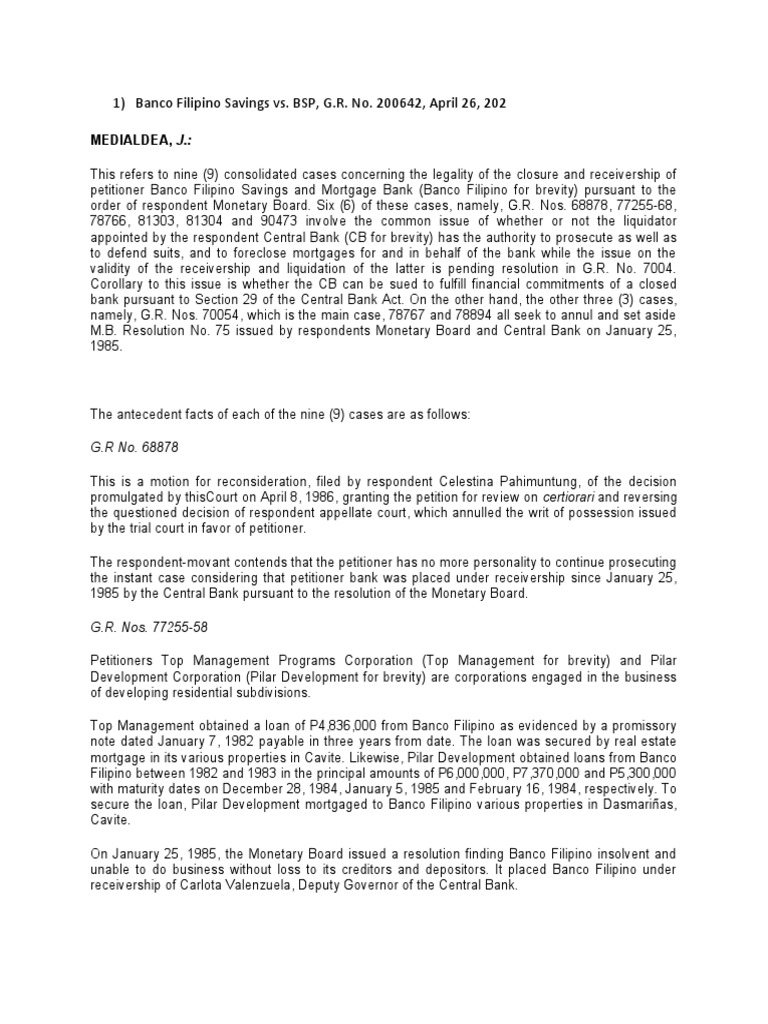 Banco Filipino Savings vs. BSP | PDF | Liquidation | Foreclosure