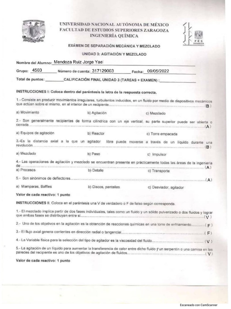 Examen Unidad 3. Agitación y Mezclado | PDF
