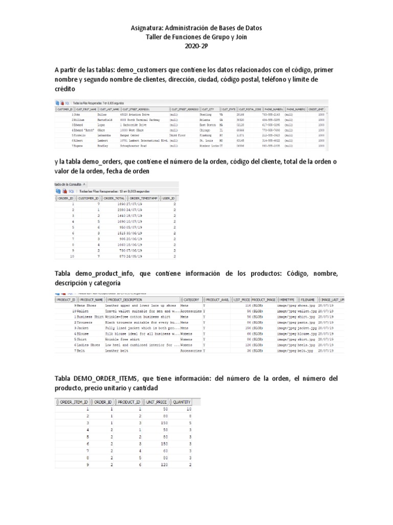 Taller de Bases de Datos Funciones de Grupo y Join | Descargar gratis PDF | Bases de datos