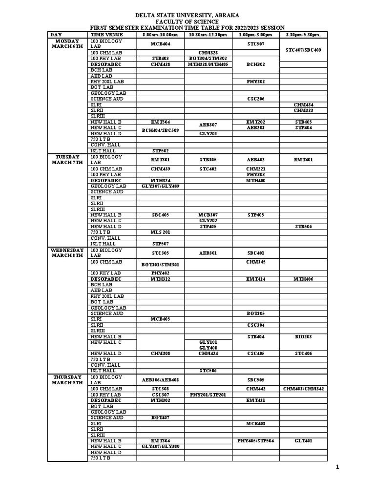 First Semester Exam Time Table 2022-2023 - 092800 | PDF