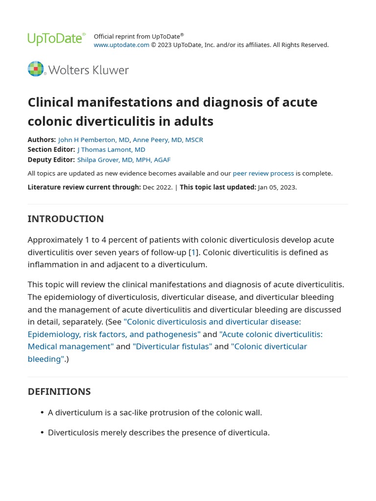 Clinical Manifestations and Diagnosis of Acute Colonic Diverticulitis ...