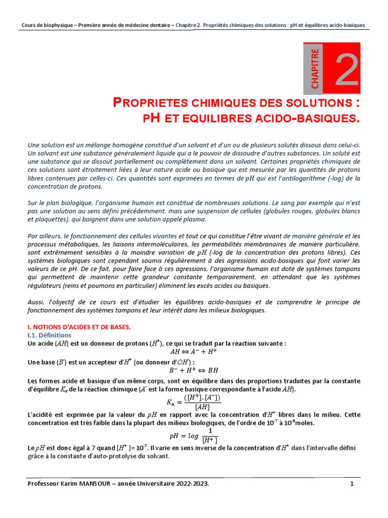 Première Année de Médecine Dentaire Module de Biophysique Chapitre 2 PPS CHIMIQUES DES SOLUTIONS ...