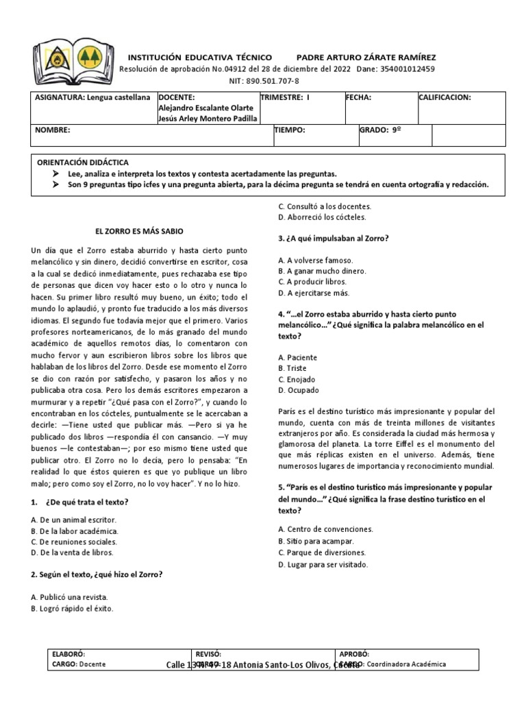 Prueba Diagnóstica de Lengua 9º Grado | PDF