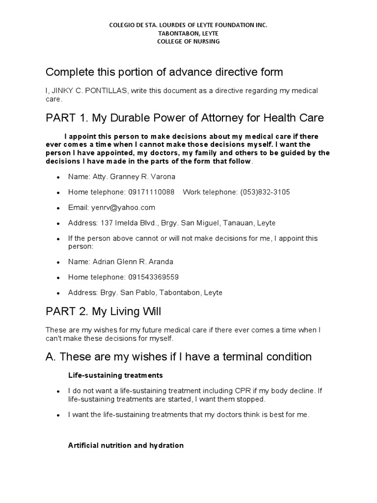 Advance Directive Form | PDF | Social Programs | Health Sciences