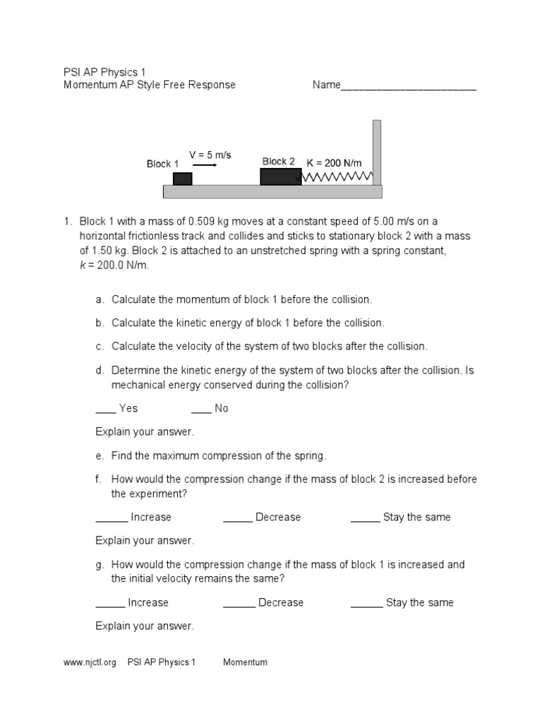 AP Phys1 Momentum AP Style Free Response Questions 2019-11-13 | PDF ...