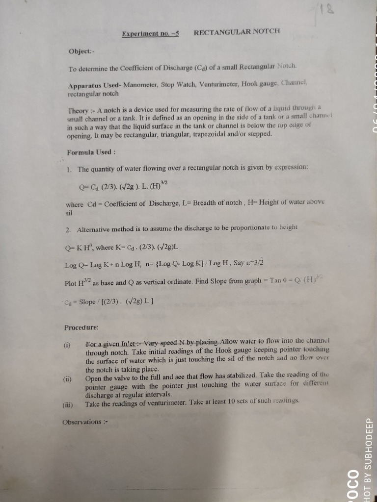 Expt No. 5 Rectangular Notch | PDF | Quantity | Physical Quantities