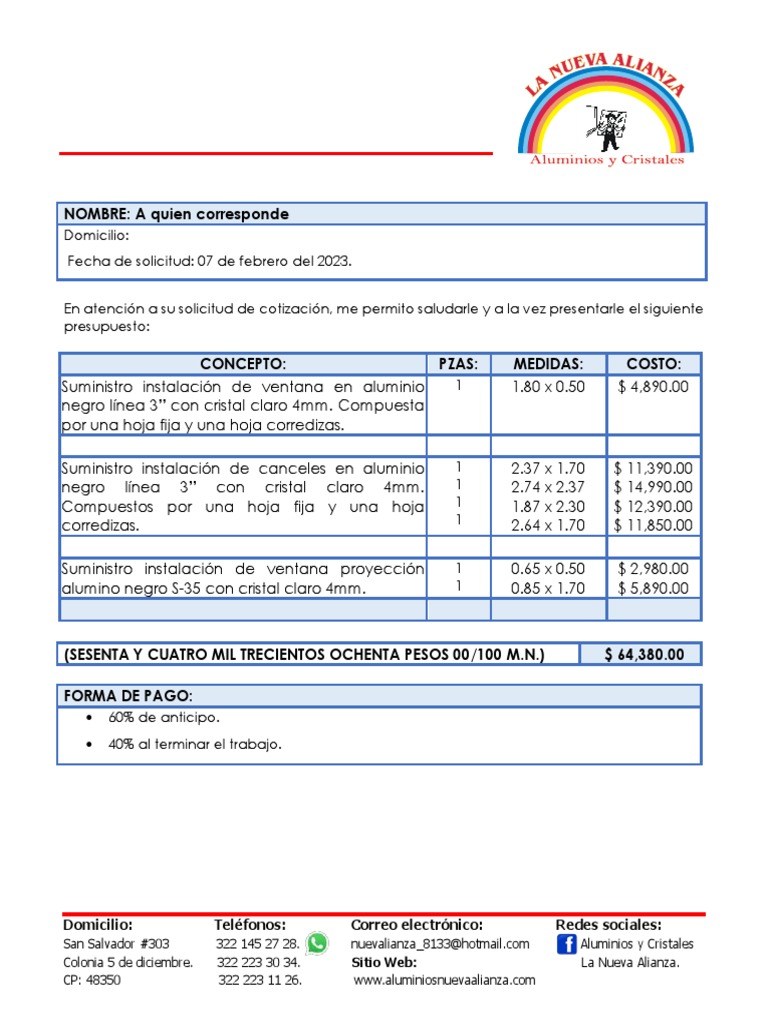 Cotizacion Ventanas | PDF