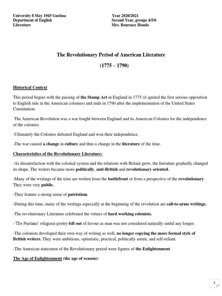 Revolutionary Period in American Literature | PDF | Age Of ...
