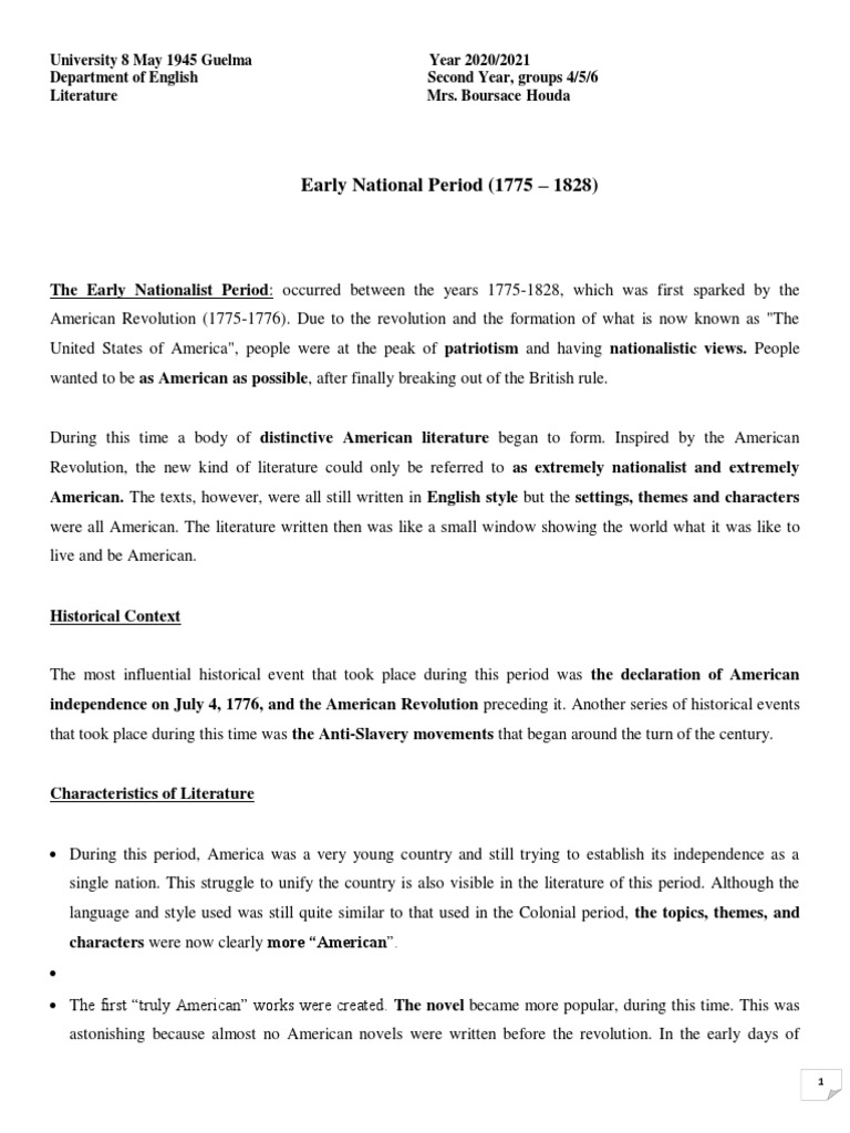 Lecture 5 Early National Period | PDF | American Literature | Novels