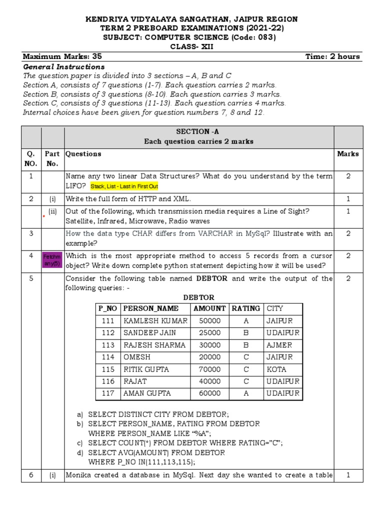 KVS Jaipur CS 2ND Pre Board Term 2 | PDF | Computer Data | Databases