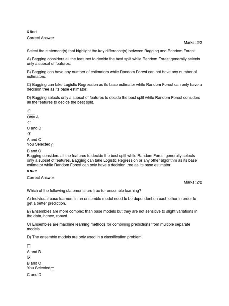 Great LEarning Weekly Quiz - Bagging and Random Forest | PDF ...