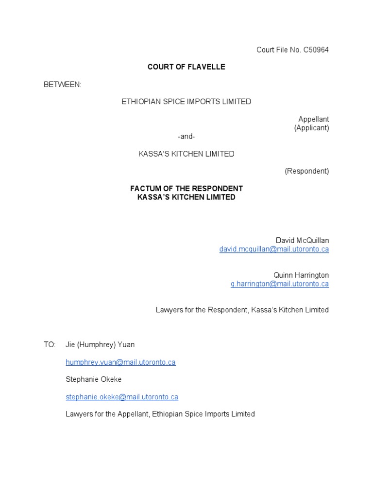 Draft Factum - Respondent - David Quinn Quinn's Content | PDF | Restraint Of Trade | Covenant (Law)