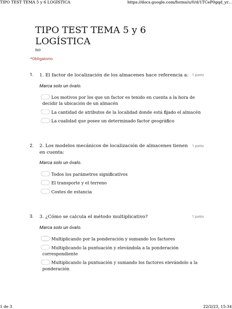 TIPO TEST TEMA 5 y 6 LOGÍSTICA | PDF | Logística | Transporte