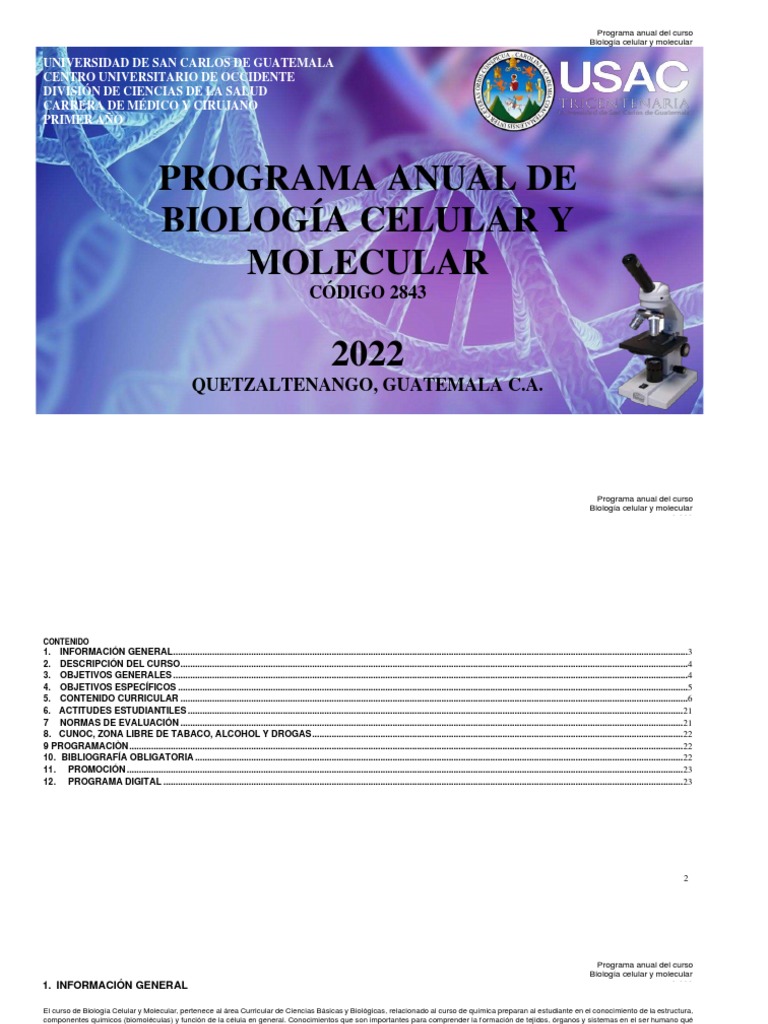 Programa Biología Celular y Molecular | PDF | Membrana celular | Biología Celular)