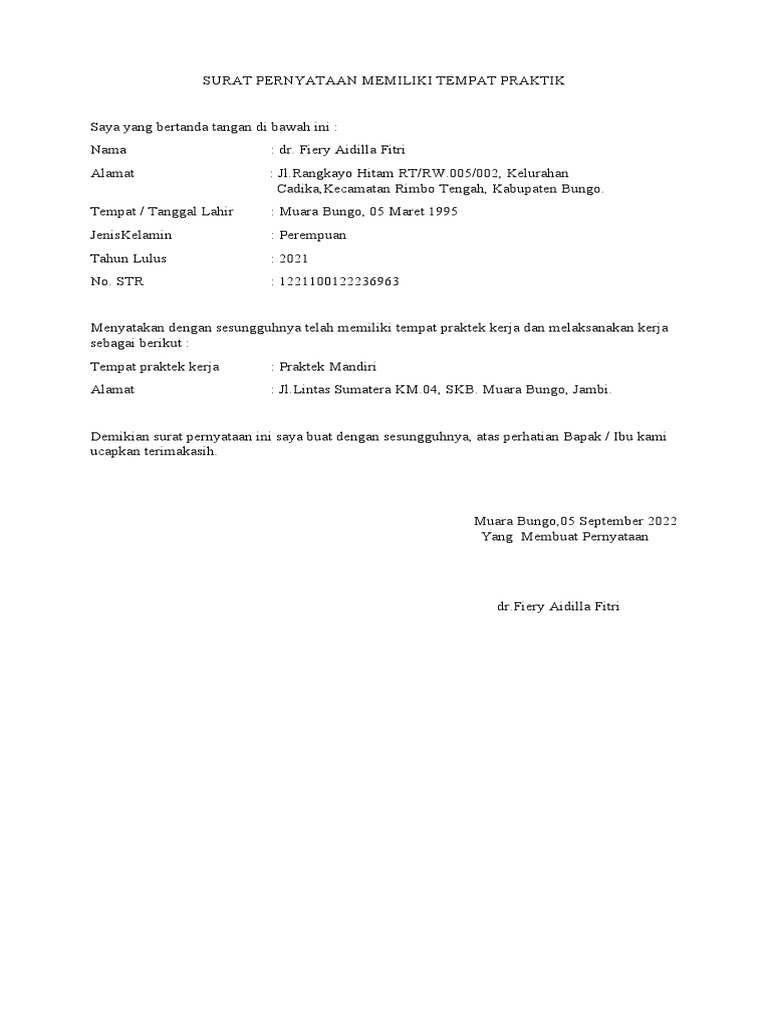 Surat Pernyataan Memiliki Tempat Praktik | PDF