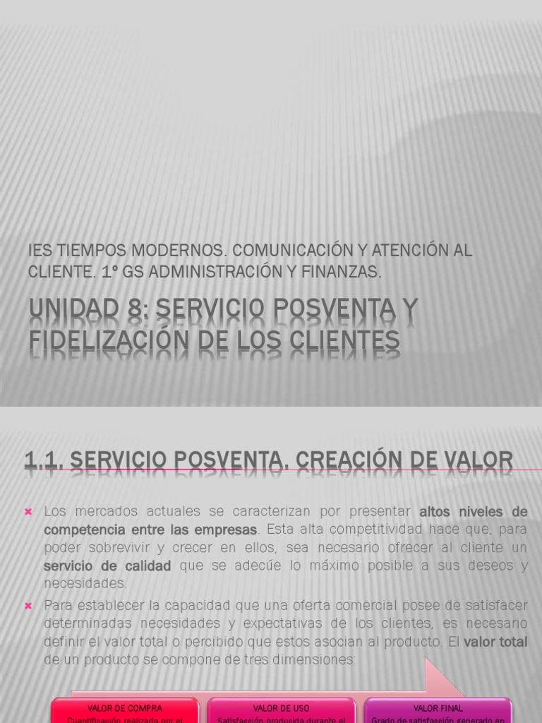 Unidad 8 Servicio Posventa y Fidelización | PDF | Calidad (comercial) | Producto (Negocio)