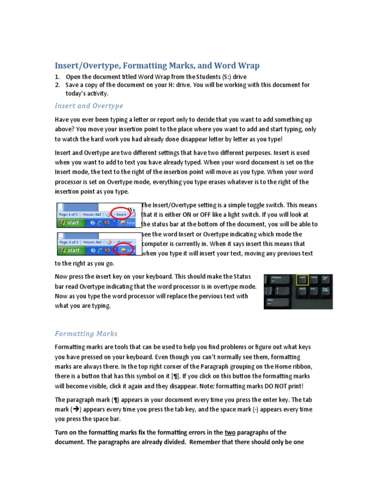 Insert, Overtype, Formatting Marks, Word Wrap | PDF | Paragraph ...