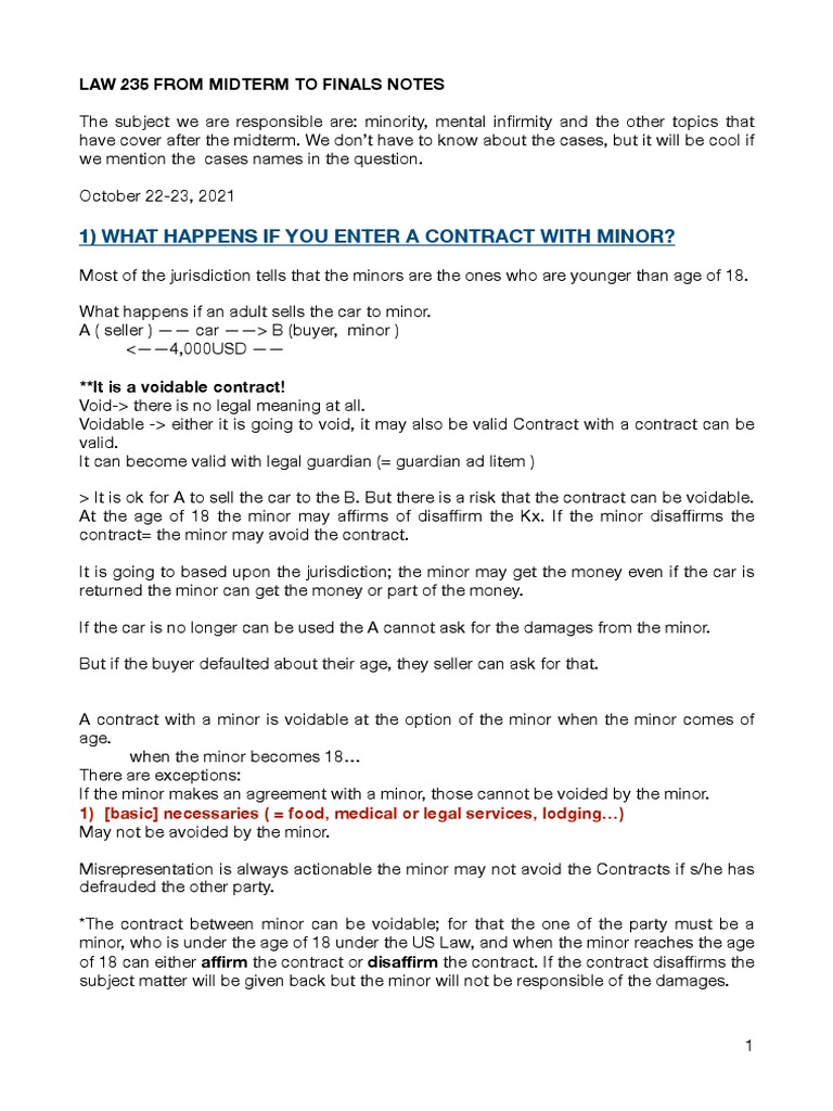 Contract Law: Minors & Mental Infirmity | PDF | Misrepresentation ...