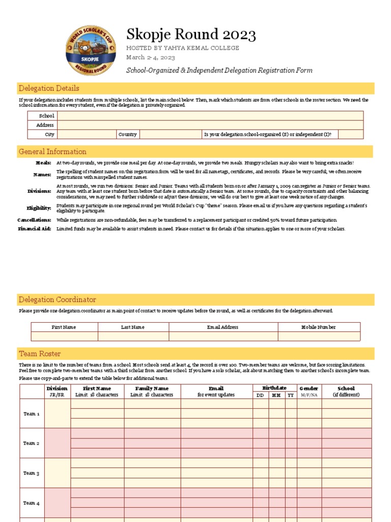 WSC Skopje Round Registration Form 2023 | PDF