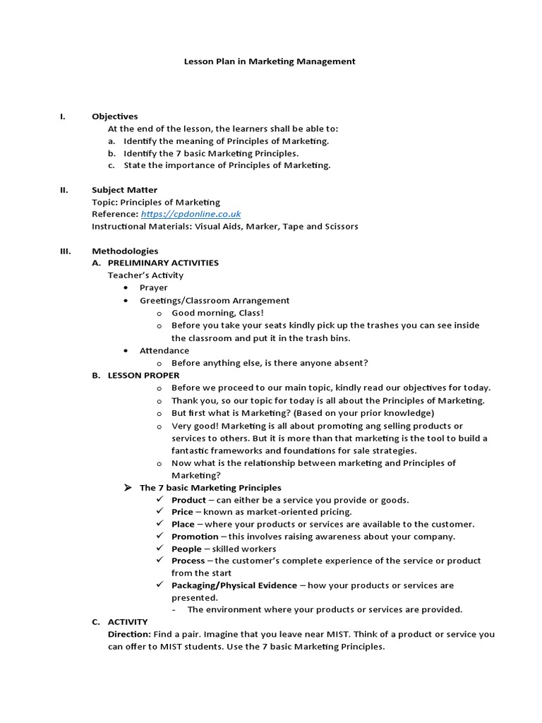 Lesson Plan in Marketing Management | PDF | Marketing | Lesson Plan