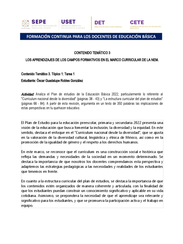 Tarea 1 - Contenido TemÃ¡tico 3 - TÃ Pico 1 | PDF | Plan de estudios ...