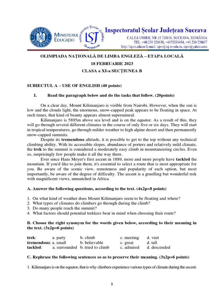 11B Subiect | PDF | Mountaineering | Accent (Sociolinguistics)