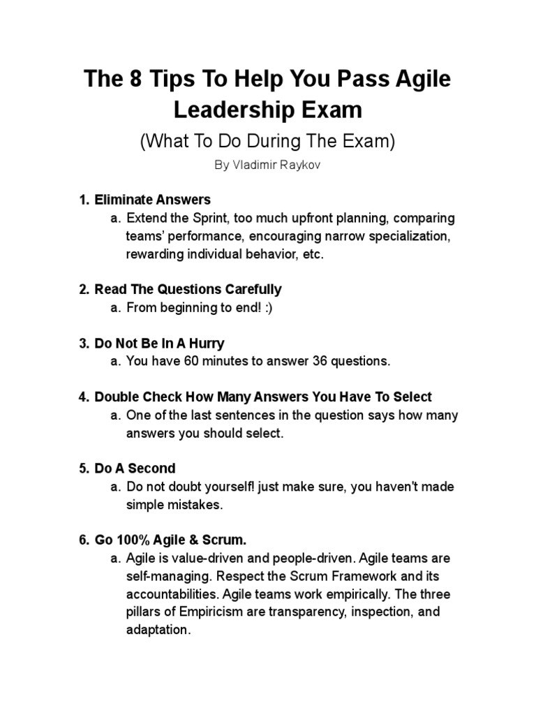 The 8 Tips To Help You Pass Agile Leadership Exam | PDF | Business The 8 Tips To Help You Pass Agile Leadership Exam | PDF | Business