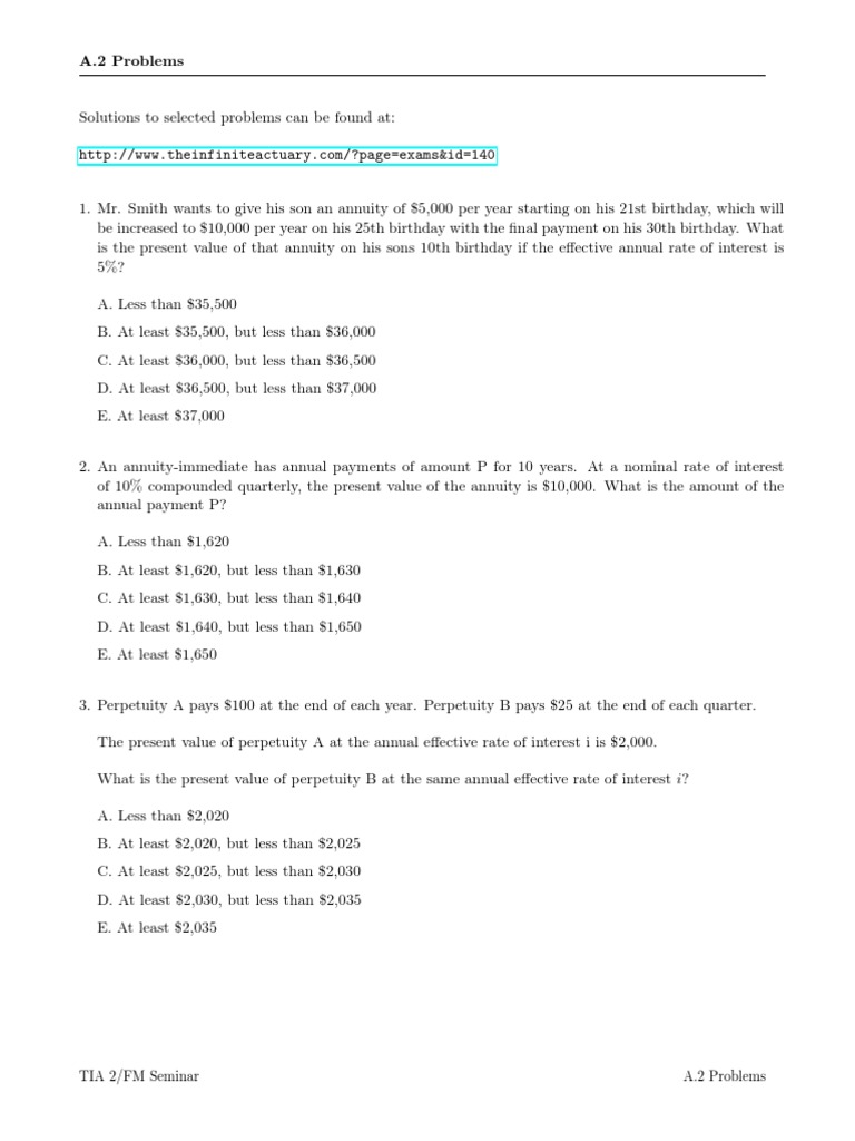 TIA 2/FM Seminar A.2 Problems | PDF | Present Value | Interest