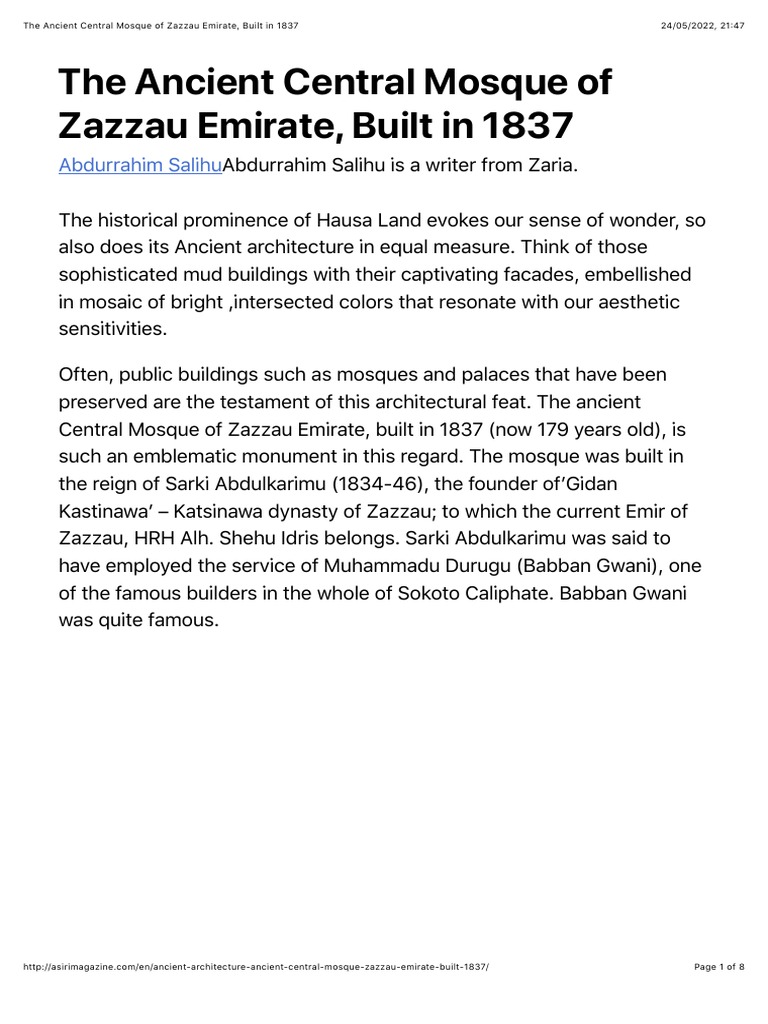 The Ancient Central Mosque of Zazzau Emirate, Built in 1837 | PDF | Mosque