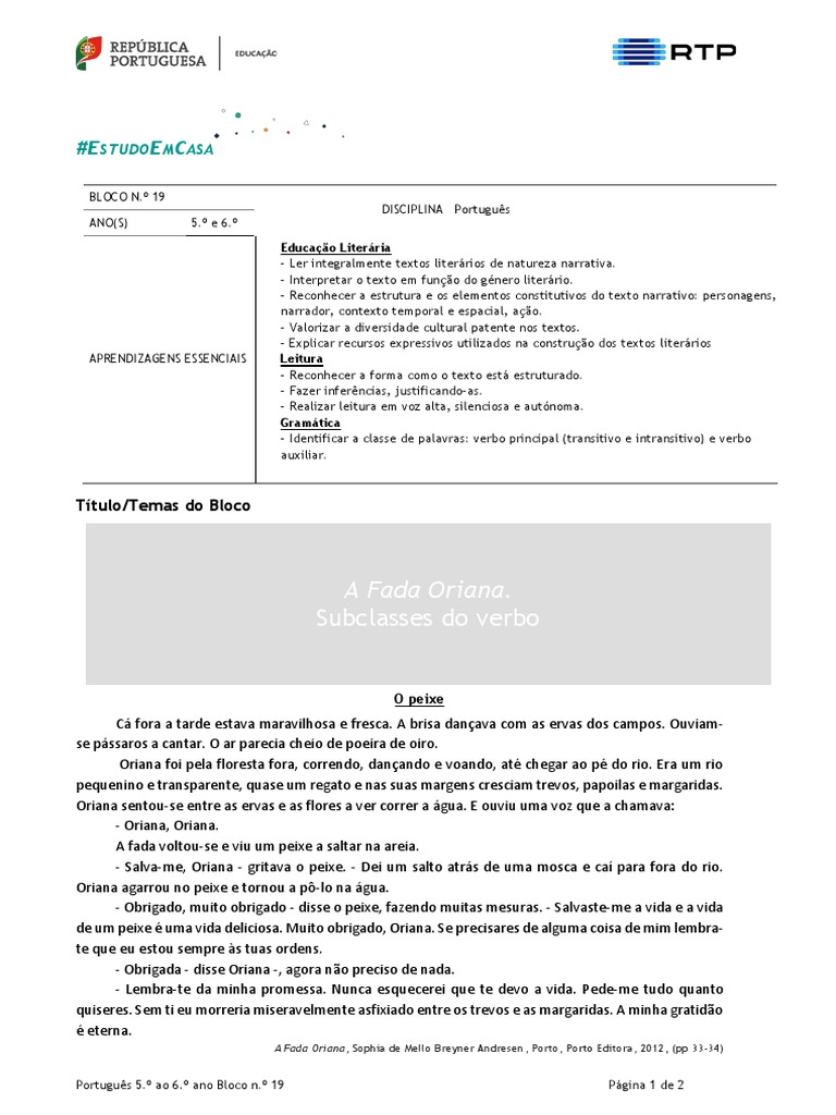 19 - Português - 5.º - e - 6.º - Anos - A Fada Oriana. Subclasses Dos Verbos | PDF | Linguística