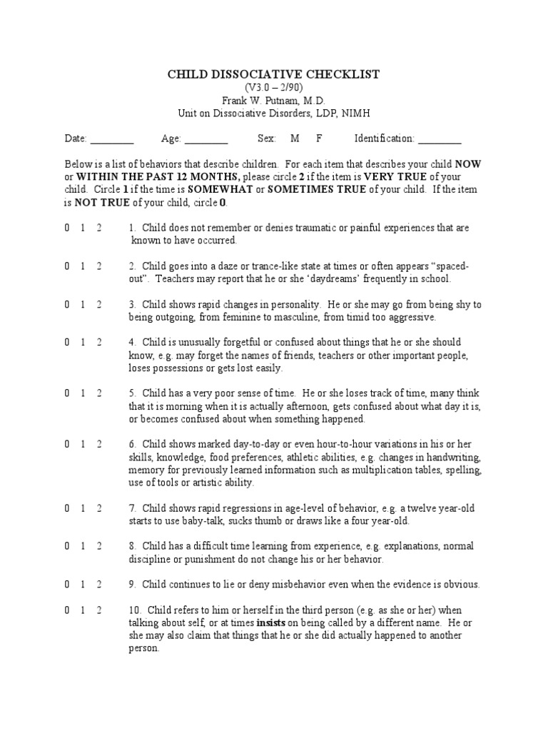 Child Dissociative Checklist Packet-1 | PDF | Dissociation (Psychology ...