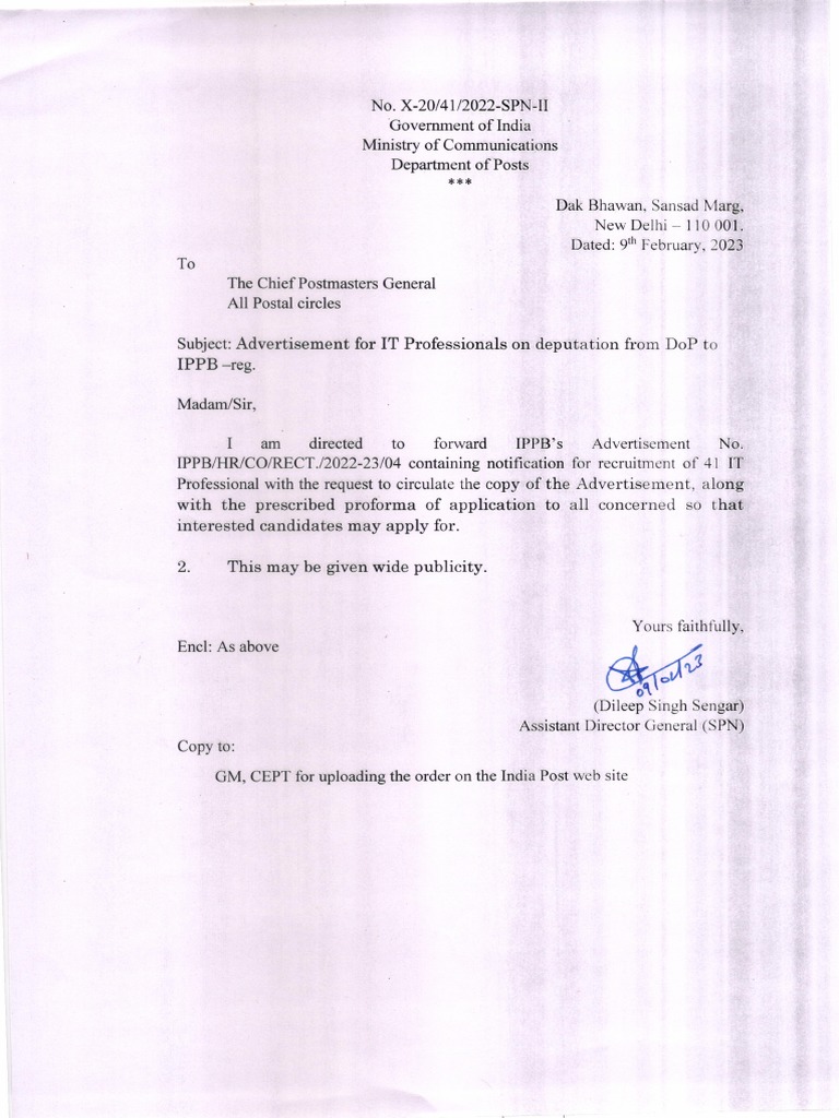 IT Professionals DoP To IPPB Advertisement 09.02.23 | PDF | Recruitment ...