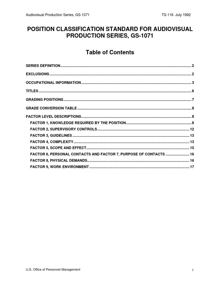 Position Classification Standard For Audiovisual Production Series, Gs ...