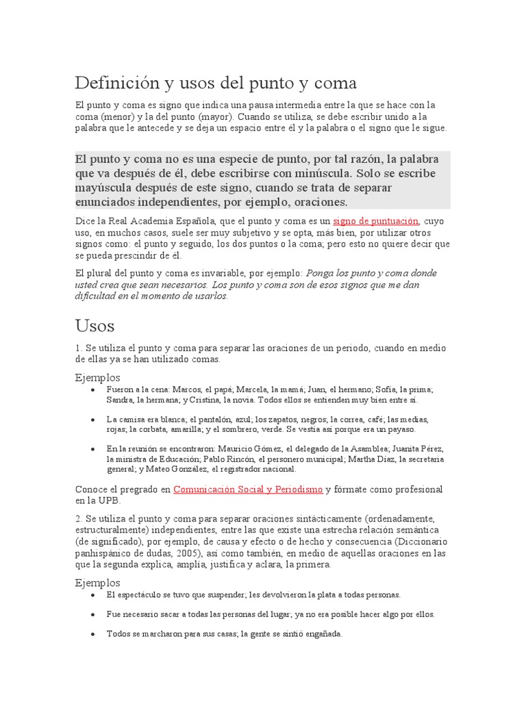 Definición y Usos Del Punto y Coma: Signo de Puntuación | PDF | Coma ...