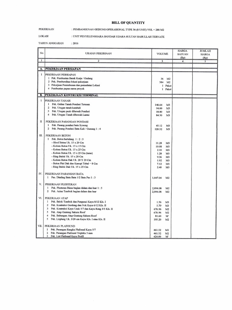 BOQ Pek Pembangunan Gedung Operasional Type 36 Vol 288 M2 | PDF