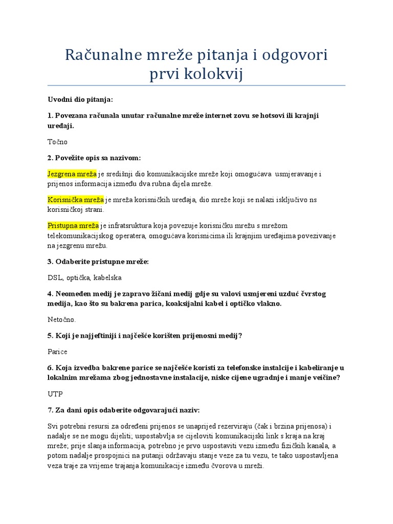 Računalne Mreže Pitanja I Odgovori Prvi Kolokvij | PDF