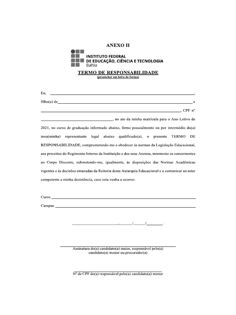 Anexo II - Termo de Responsabilidade | PDF